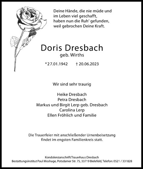 Traueranzeigen Von Doris Dresbach Wirtrauern