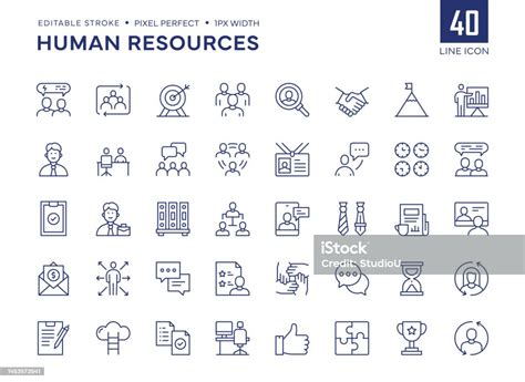 인적 자원 라인 아이콘 세트에는 멘토링 채용 관리자 근무 조건 승진 팀워크 경력 임금 등의 아이콘이 포함되어 있습니다 아이콘에 대한 스톡 벡터 아트 및 기타 이미지 Istock
