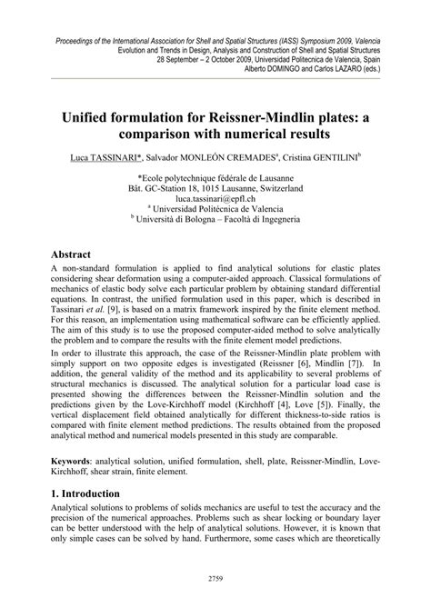 Pdf Unified Formulation For Reissner Mindlin Plates A Comparison With Numerical Results