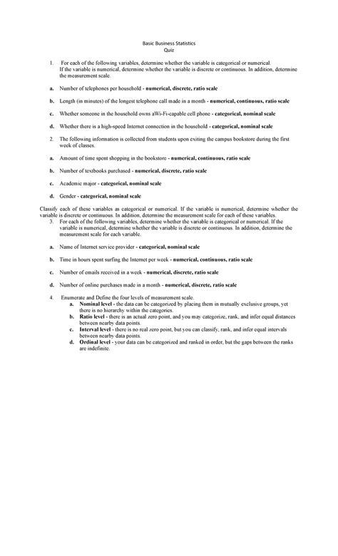 Basic Business Statistics Quiz Basic Business Statistics Quiz For