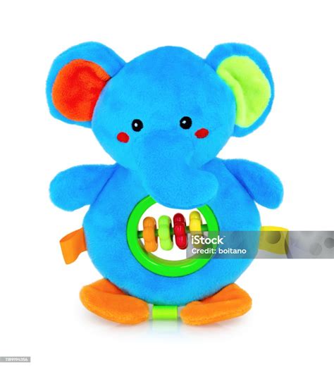 그림자 반사와 흰색 배경에 고립 된 플라스틱 반지와 귀여운 코끼리 딸랑이 인형 흰색 언더레이에 앉아 장난 화려한 코끼리 코끼리 봉제 인형 박제 인형입니다 점보 봉제 인형