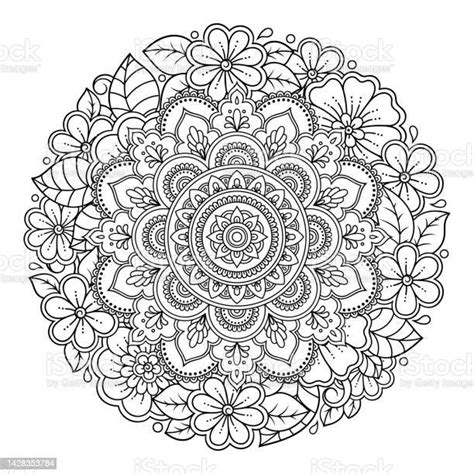 색칠 공부 책 페이지에 대한 멘디 스타일의 둥근 꽃 패턴을 윤곽 성인과 어린이를위한 안티 스트레스 흑백의 낙서 장식 손 그리기 벡터 그림 만다라에 대한 스톡 벡터 아트 및