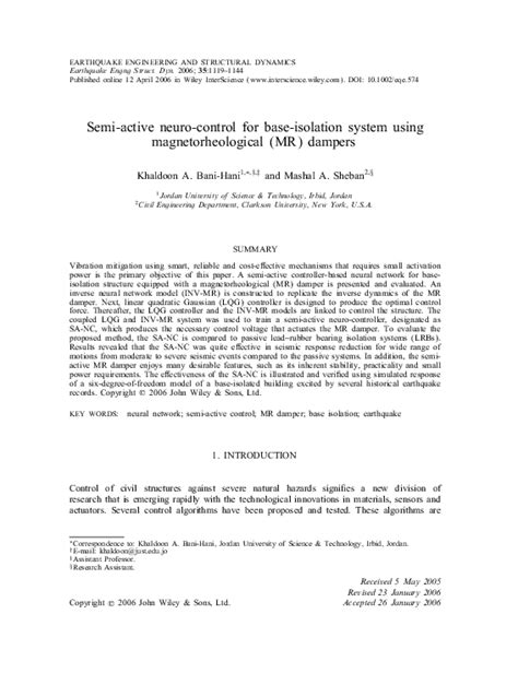 pdf semi active neuro control for base isolation system using magnetorheological mr dampers