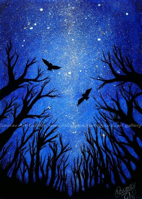 Night Scene With Trees And Crows Nightime Scene Night Sky Art With