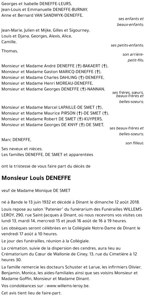 Avis De Décès De Louis Deneffe Décédé Le 12 08 2018 à Dinant Annonce Condoléances Fleurs