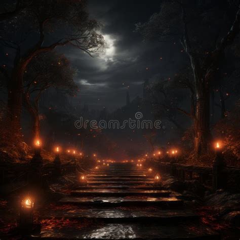 A Dark Path With Candles And Trees At Night Stock Illustration