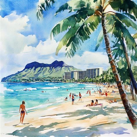 10 Printable Hawaiian Landscape Hawaii Beach Watercolor Art Honolulu
