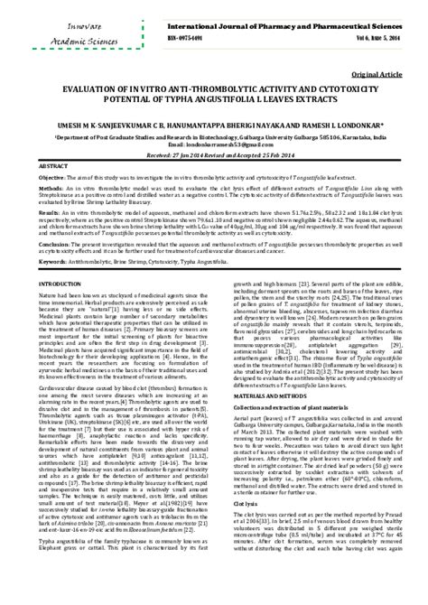 Pdf Evaluation Of In Vitro Anti Thrombolytic Activity And Cytotoxicity Potential Of