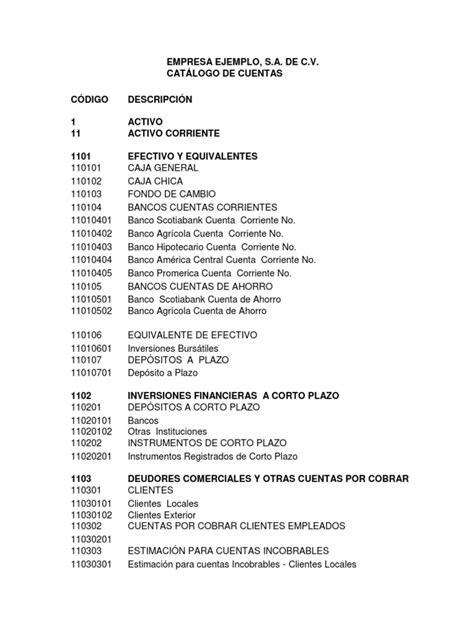 Catálogo De Cuentas Empresa Ejemplo Pdf Bancos Hipoteca Comercial