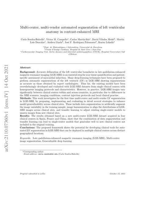 Pdf Multi Center Multi Vendor Automated Segmentation Of Left Ventricular Anatomy In Contrast