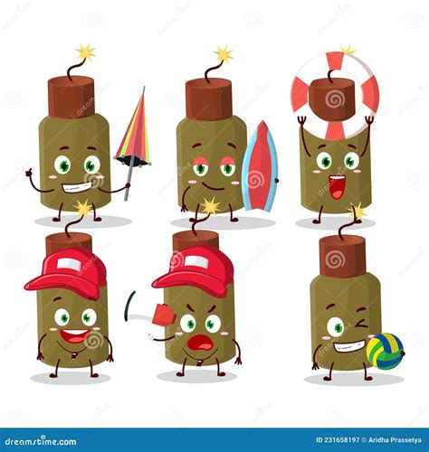 Happy Face Firecracker Explosive Cartoon Character Playing On A Beach Stock Vector