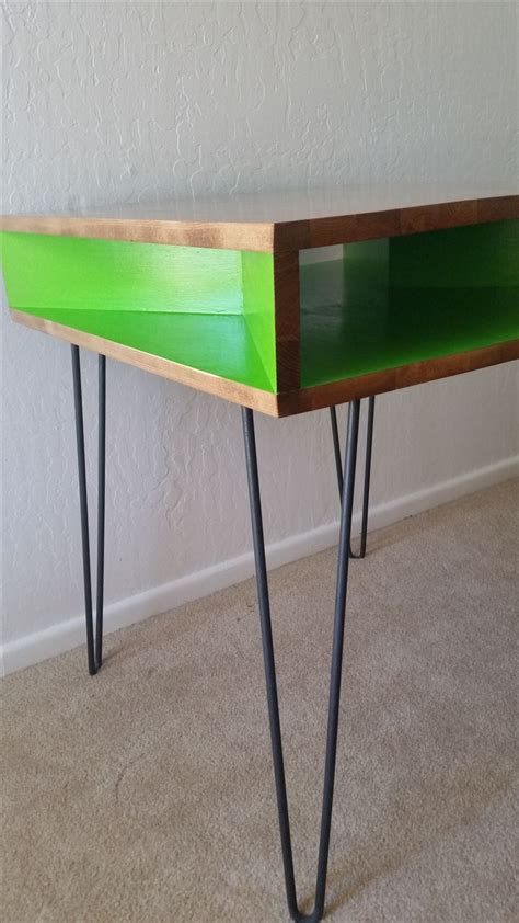 Handcrafted Angular End Table With Iron Hairpin Legs