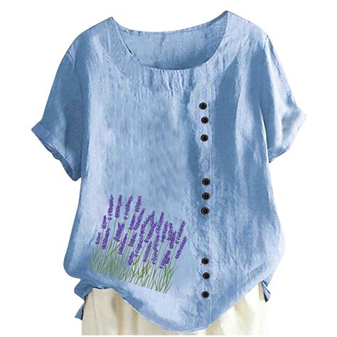Cotton Linen Summer Tops Women Short Sleeve Floral Printed Loose