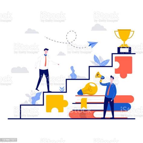 캐릭터와 비즈니스 코칭 및 교육 개념 대상에 계단을 걷는 사업가 목표 성취 성공 진행 경력 사다리 은유 강사에 대한 스톡 벡터 아트 및 기타 이미지 Istock
