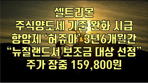 주식 셀트리온 주식양도세 기준 완화 시급 항암제 허쥬마3년6개월간 뉴질랜드서 보조금 대상 선정 주가 장중