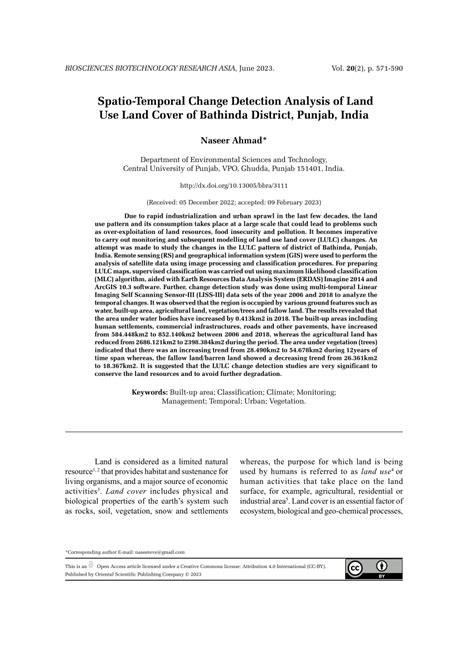 PDF Spatio Temporal Change Detection Analysis Of Land Use Land Cover Of Bathinda District