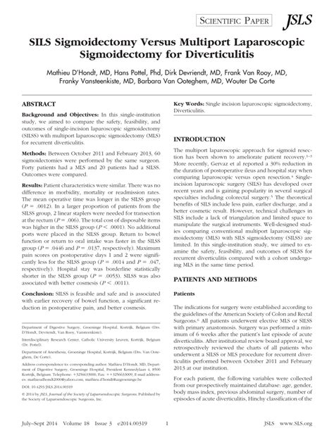Pdf Sils Sigmoidectomy Versus Multiport Laparoscopic Sigmoidectomy For Diverticulitis