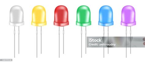 사실적인 3d 발광 다이오드의 벡터 세트 에코 화이트 옐로우 레드 그린 블루 및 보라색 작은 Led 전구는 흰색 배경에 격리되어 있습니다 반도체 다이오드 전기 부품 Led