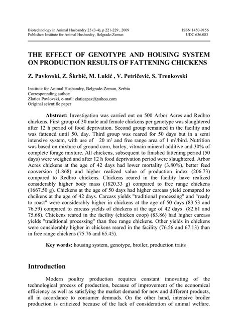 Pdf The Effect Of Genotype And Housing System On Production Results Of Fattening Chickens