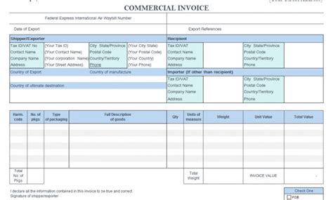 Commercial Invoice Fedex Style Landscape Intended For Proforma Invoice Template Fedex