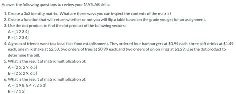 Solved Answer The Following Questions To Review Your MATLAB Chegg