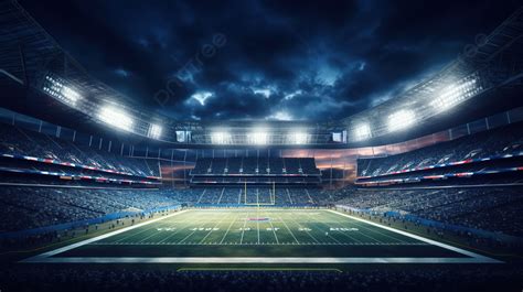 Illuminated American Football Stadium At Night With Spotlights And
