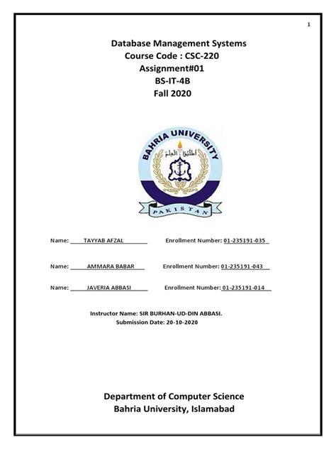 Database Management Systems Course Code Csc 220 Assignment01 Bs It 4b