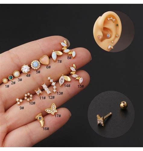 16g 지르콘 연골 귀걸이 곡선 하트 나비 꽃 포도 나무 Cz 귀 헬릭스 조가비 피어싱 여자 여자용 1 개 티몬