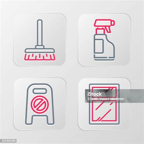 창문 청소 서비스 젖은 바닥 및 청소 진행 세제 액체가 담긴 스프레이 병 및 손잡이 빗자루 아이콘을 설정합니다 벡터 가사