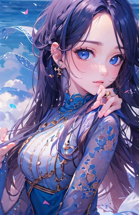 Anime Girl With Long Hair And Blue Eyes Standing In The Sky Seaart Ai