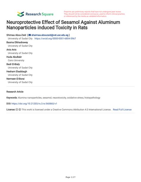 Pdf Neuroprotective Effect Of Sesamol Against Aluminum Nanoparticles