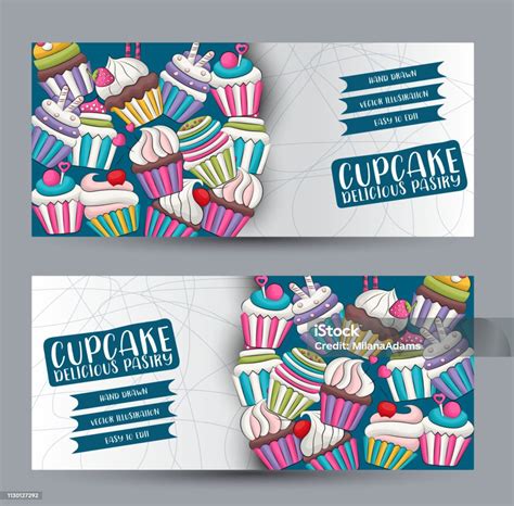 컵 케 익 빵집 가로 배너 세트입니다 메뉴 광고 웹 페이지에 대 한 귀여운 템플릿 벡터 일러스트입니다 광고에 대한 스톡 벡터