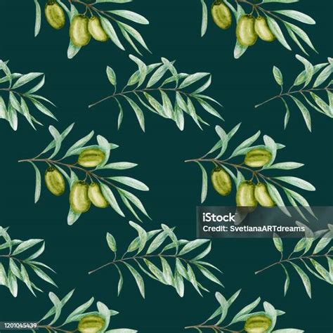원활한 패턴 수채화 녹색 올리브 나무 나뭇잎 녹색 배경에 현실적인 올리브 그림 손으로 그린 직물 질감 초대장 포스터 인사말 카드 라벨 컨셉 디자인 0명에 대한 스톡 벡터