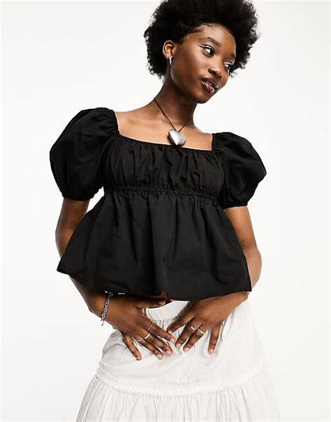 Collusion Square Neck Puff Sleeve Crop Blouse In Black Asos