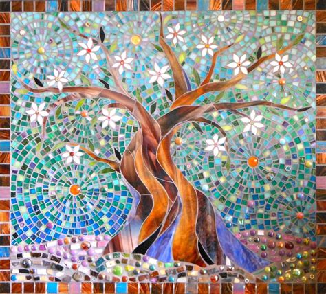 Mosaic Tree Art With White Flowers And Blue Sky Mosaic Wall Art Tree
