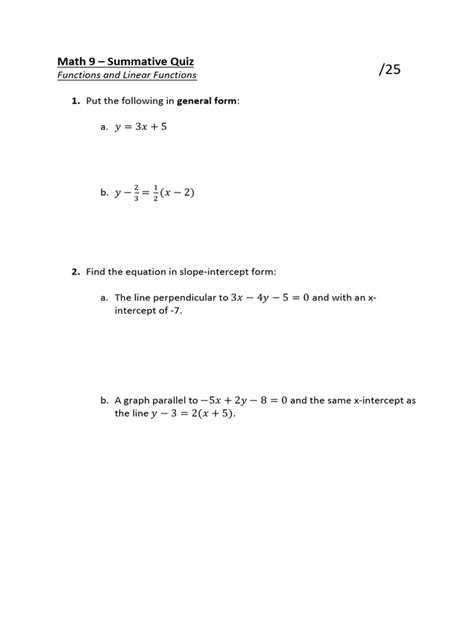 Math 9 Quiz Functions And Linear Functions Pdf