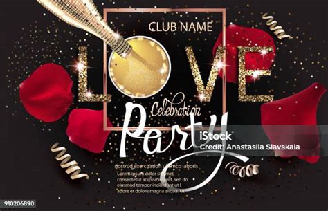 발렌타인 날 축 하 초대 카드 골드 뱀 편지 장미 꽃잎 및 샴페인 유리 병 벡터 일러스트 레이 션 2월에 대한 스톡 벡터 아트 및 기타 이미지 Istock