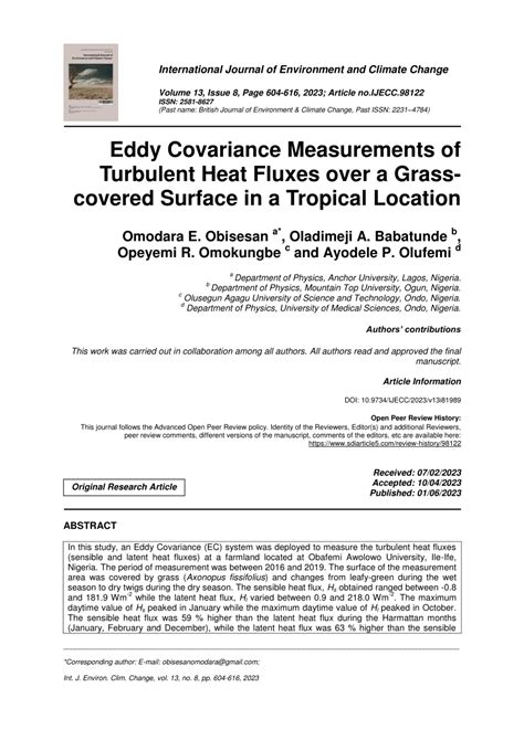 Pdf Eddy Covariance Measurements Of Turbulent Heat Fluxes Over A
