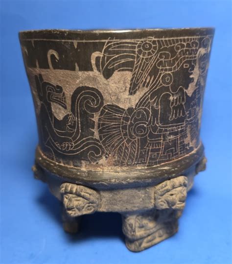 Pre Columbian Teotihuacan Terracotta Funerary Vase With Tlaloc Glyphs