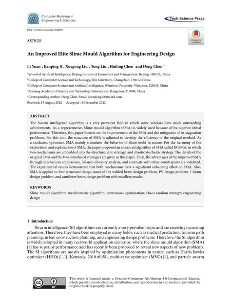 Pdf An Improved Elite Slime Mould Algorithm For Engineering Design