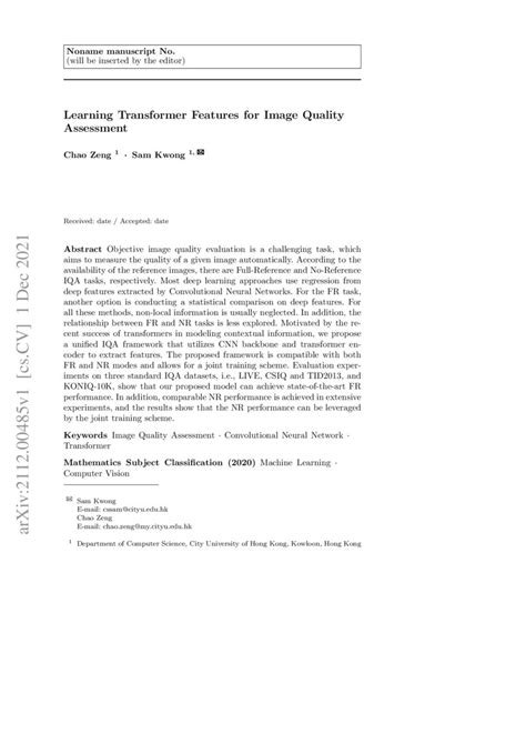 Learning Transformer Features For Image Quality Assessment Deepai