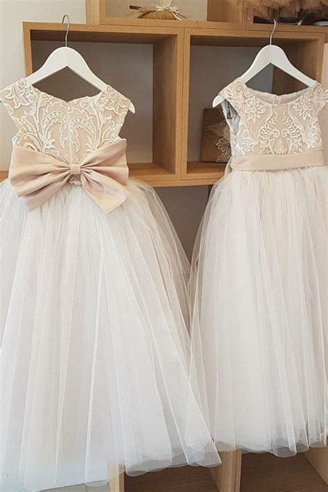 A Line Champagne And Ivory Long Flower Girl Dress With Bow Artofit