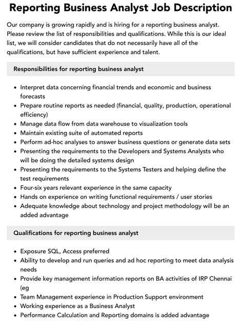 Reporting Business Analyst Job Description Velvet Jobs
