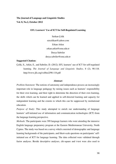 Pdf Efl Learners Use Of Ict For Self Regulated Learning