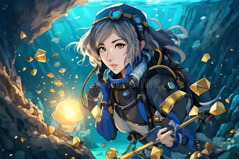 Young Anime Girl Diving Exploring Treasure Filled Cave Stock