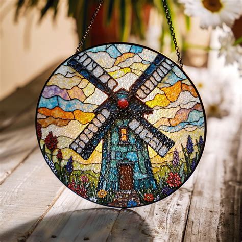 Stained Glass Windmill Suncatcher Window Decor T For Her Etsy