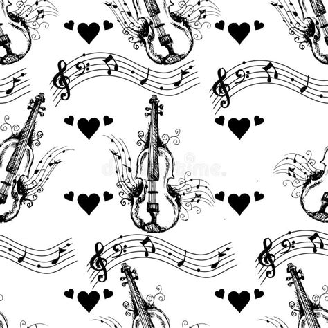 Hand Drawn Musical Violin Pattern With Notes And Hearts Stock Vector