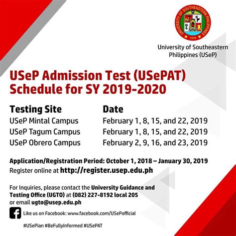 Usep Admission Test Usepat Schedule For Sy 2019 2020 Office Of The