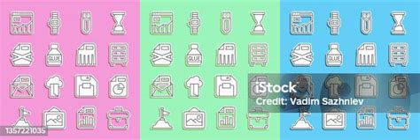 세트 라인 서류 가방 그래프 차트문서 아카이브 서류 서랍 Usb 플래시 드라이브 접착제 파일 문서 삭제 그래프 인포그래픽 및 종이 분쇄기 아이콘 벡터 Usb 케이블에 대한