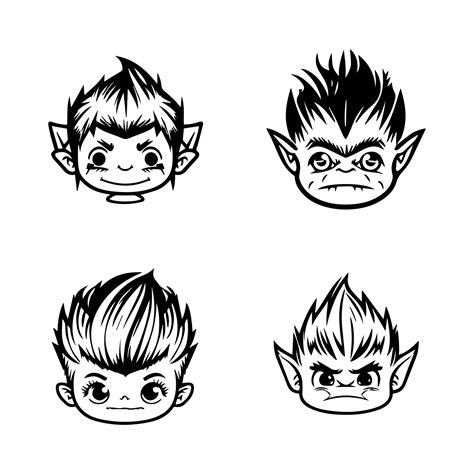 A Cute Anime Troll Head Collection Set Featuring Hand Drawn Line Art